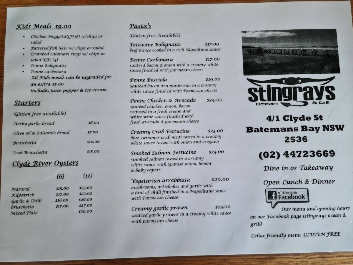Menu at Stingrays Ocean & Grill pub & bar, Batemans Bay