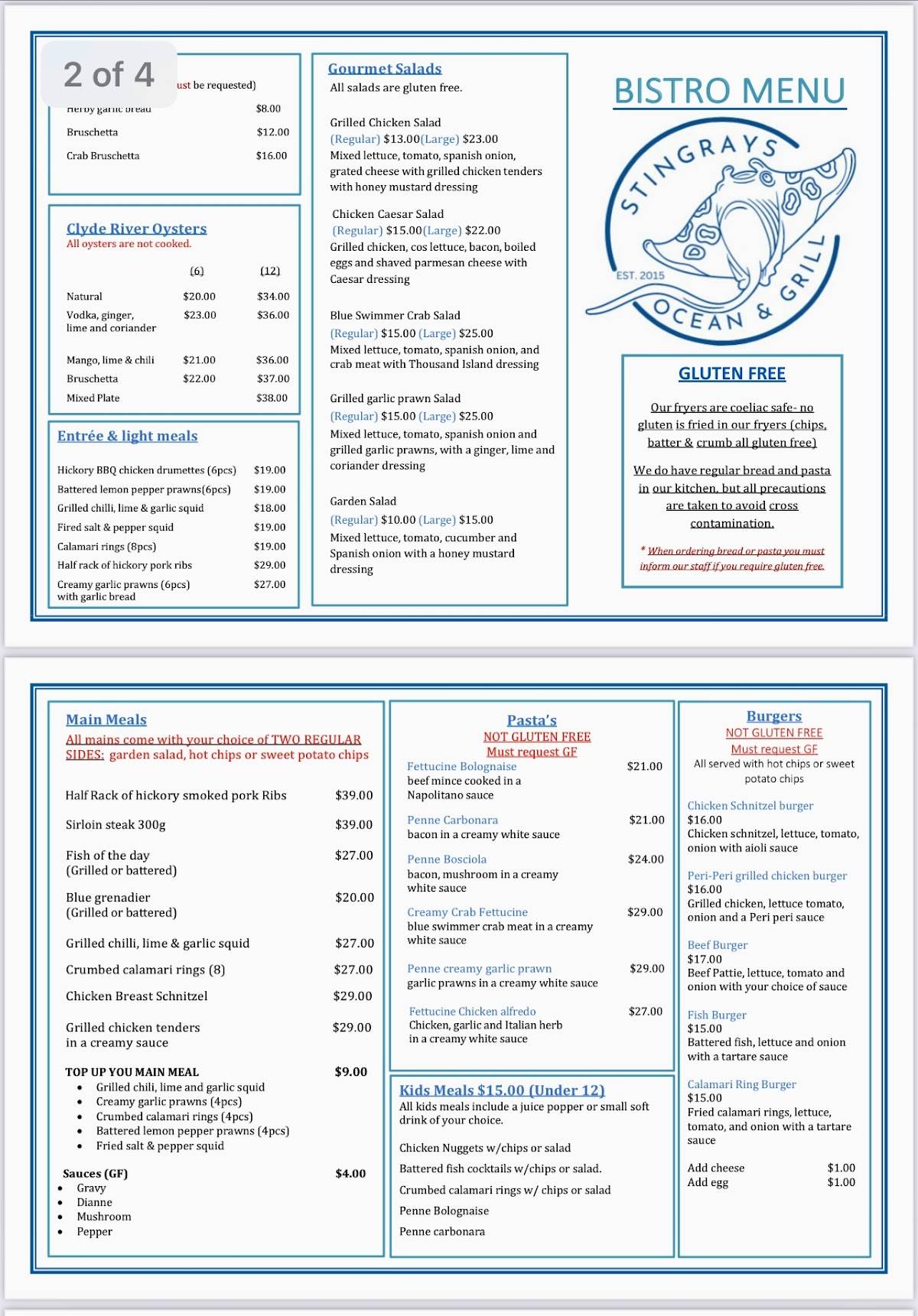 Menu at Stingrays Ocean & Grill pub & bar, Batemans Bay