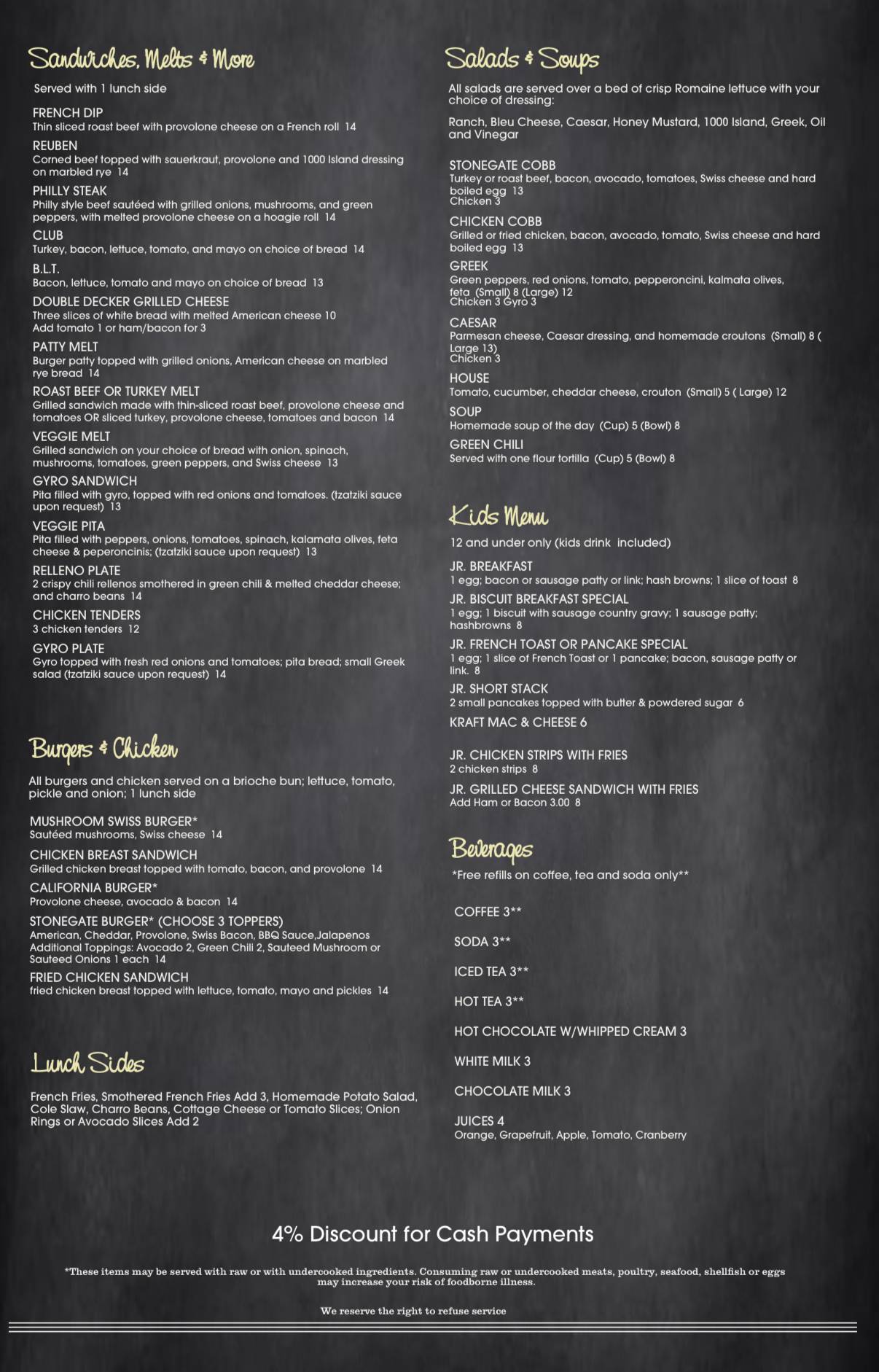 Menu at Stonegate Cafe, Parker