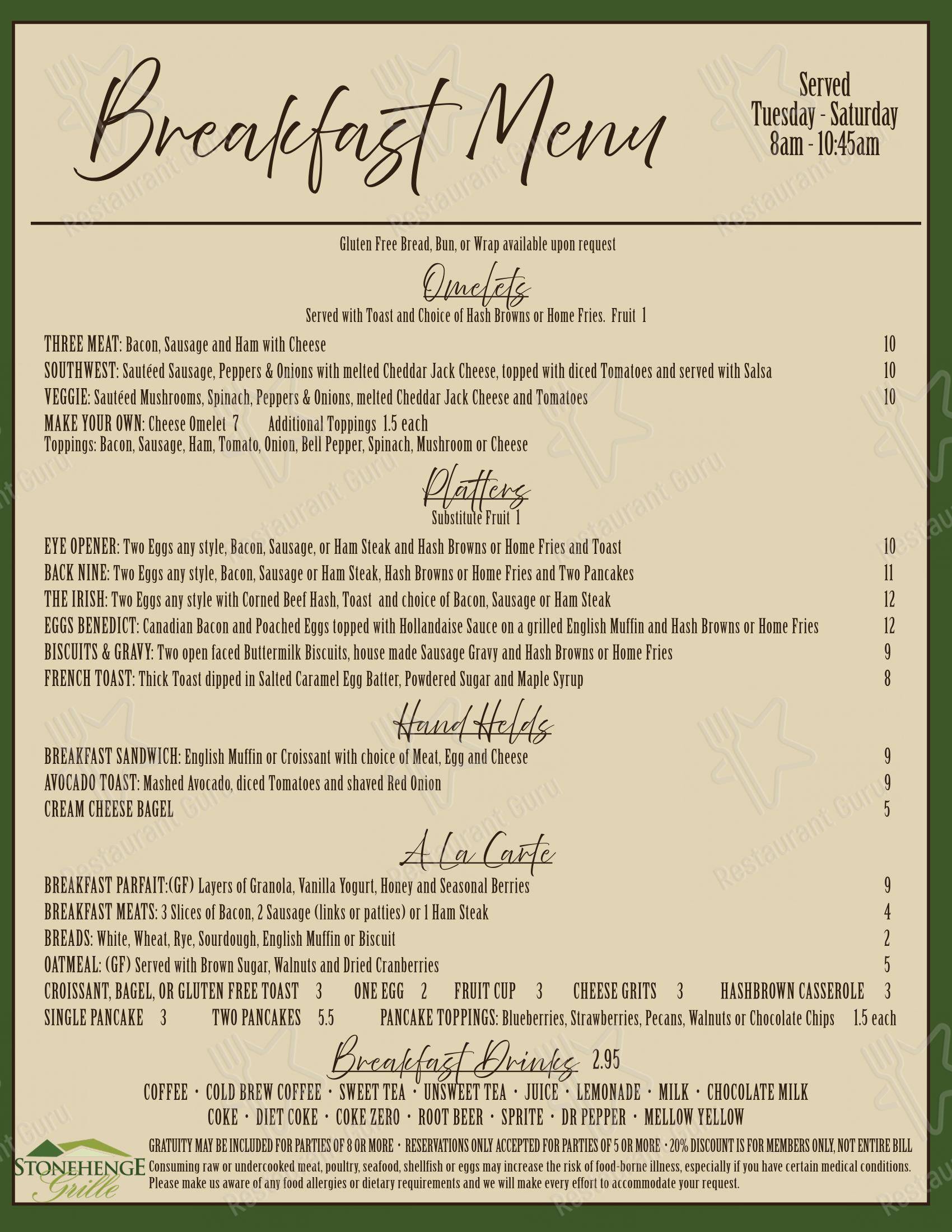 Menu at Stonehenge Grille restaurant, Fairfield Glade, 222 Fairfield Blvd