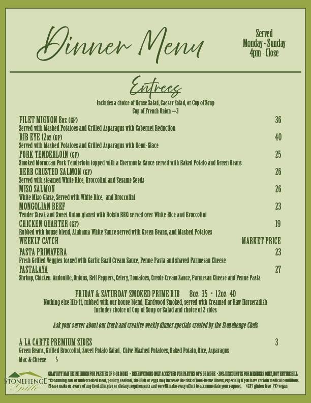 Menu at Stonehenge Grille restaurant, Fairfield Glade, 222 Fairfield Blvd
