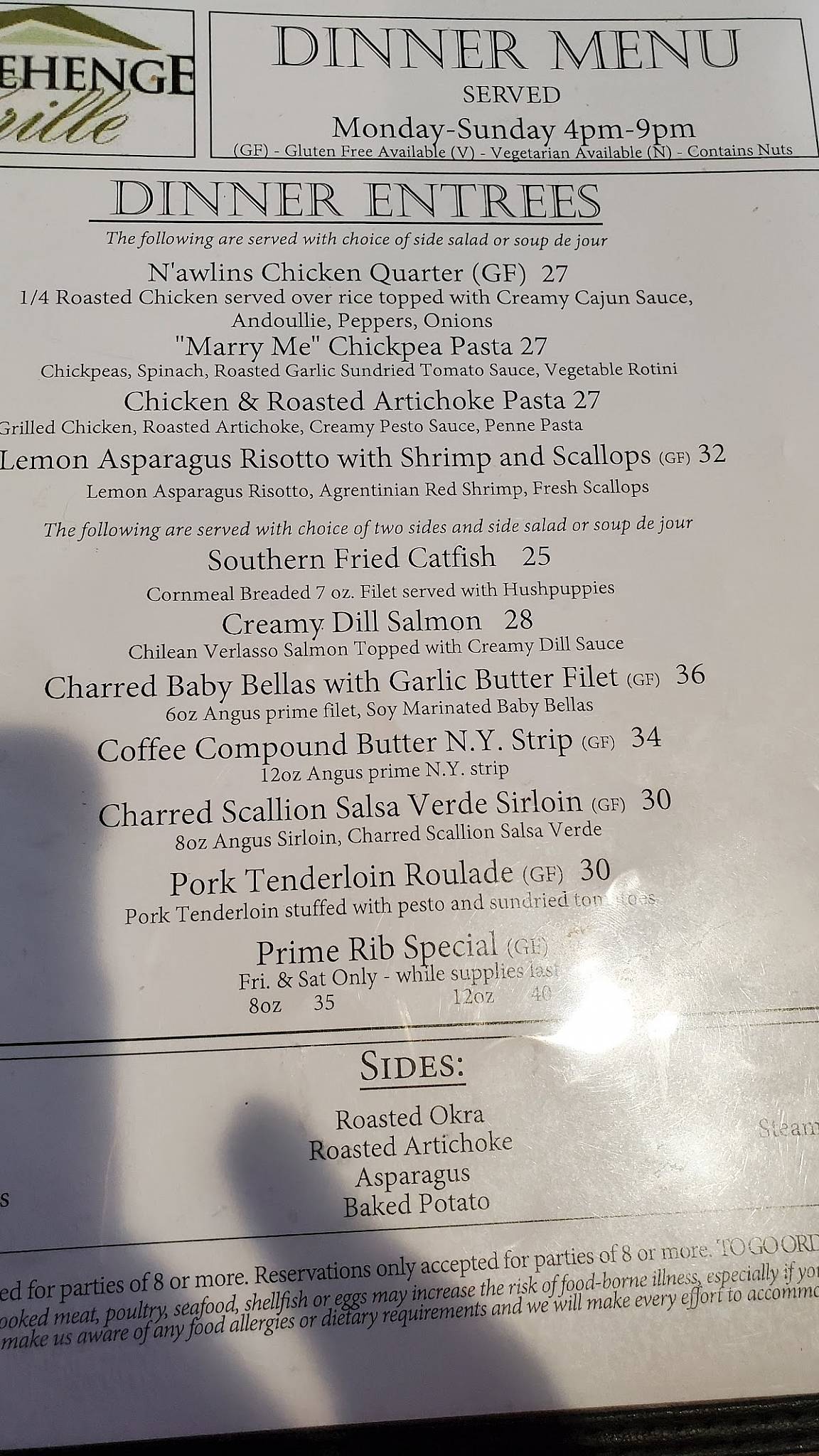Menu at Stonehenge Grille restaurant, Fairfield Glade, 222 Fairfield Blvd