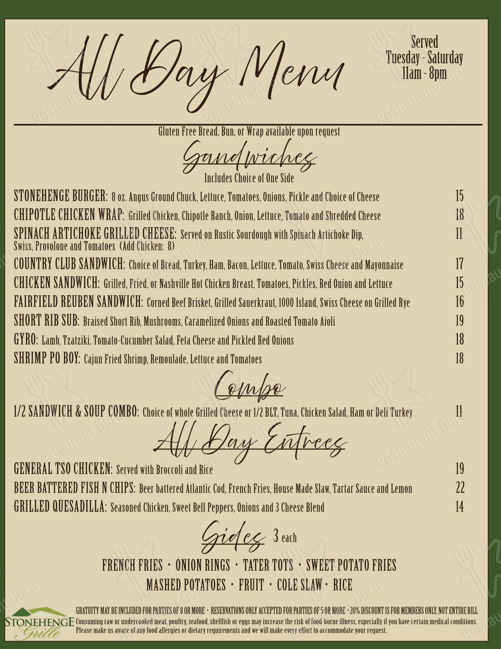 Menu at Stonehenge Grille restaurant, Fairfield Glade, 222 Fairfield Blvd