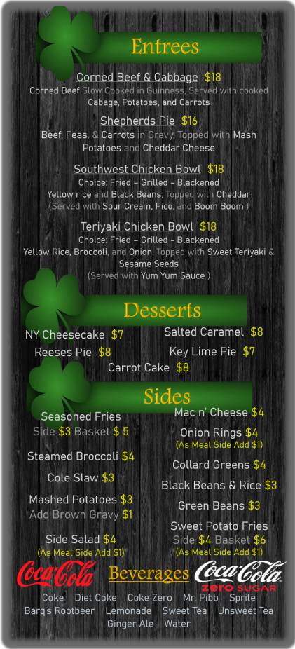 Menu at Stone's Irish Pub, Keystone Heights