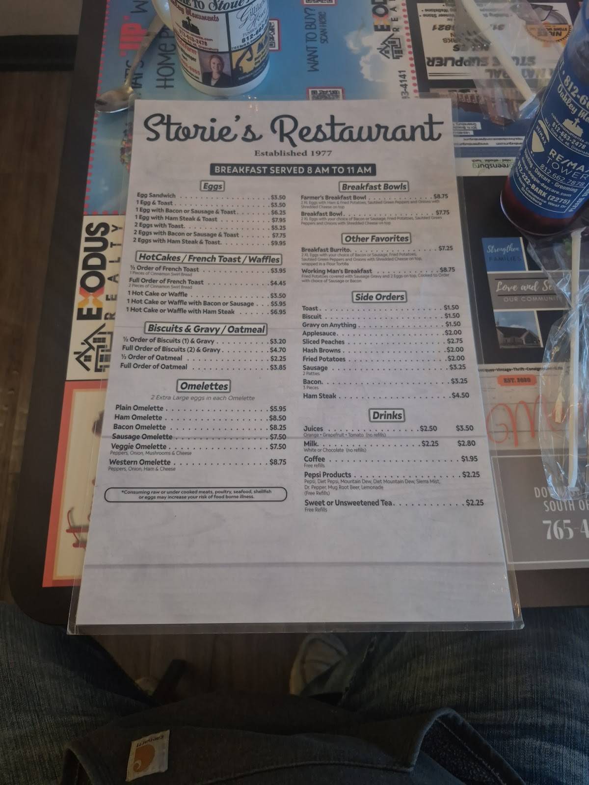 Menu at Storie's Restaurant, Greensburg