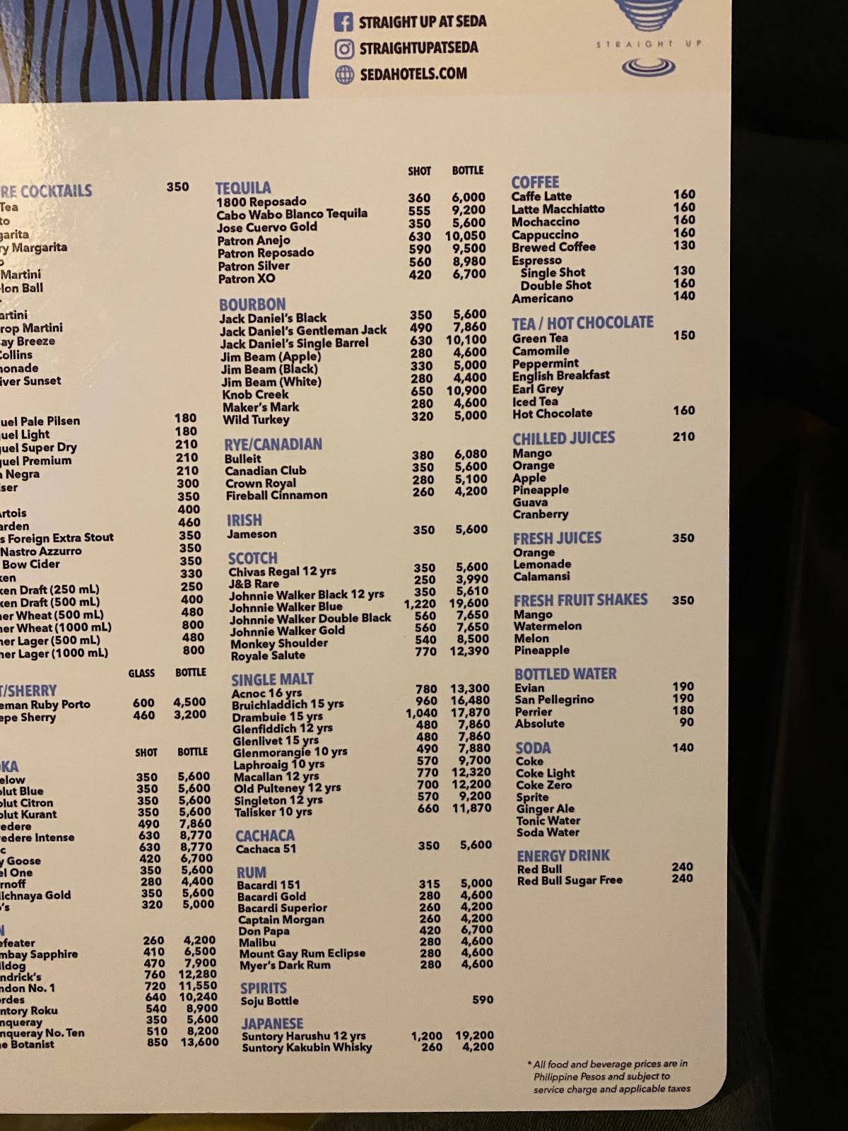 Menu at Straight Up Bar at Seda BGC, Taguig, Seda Hotel Rooftop