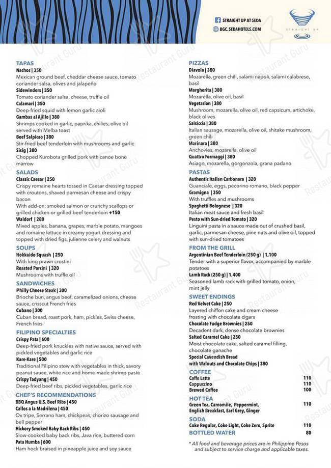 Menu at Straight Up Bar at Seda BGC, Taguig, Seda Hotel Rooftop