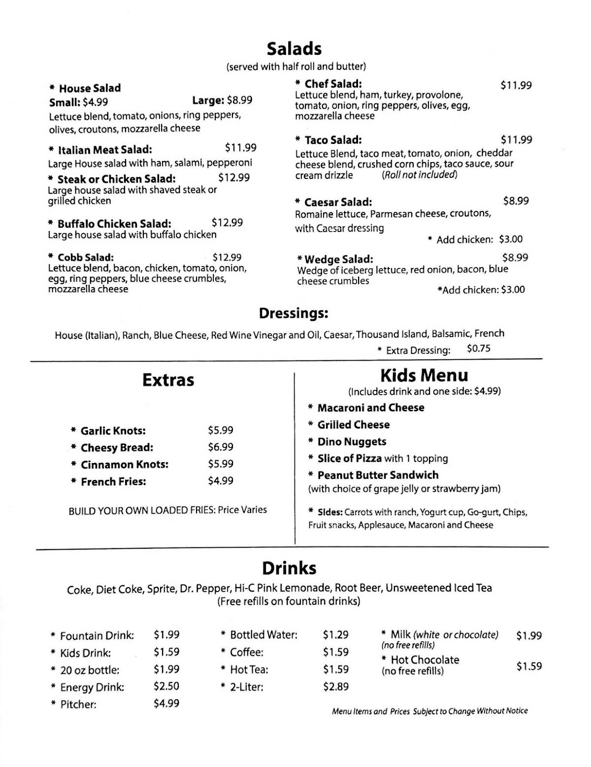 Menu at Streamside Family Restaurant & Pizzeria, Centre Hall