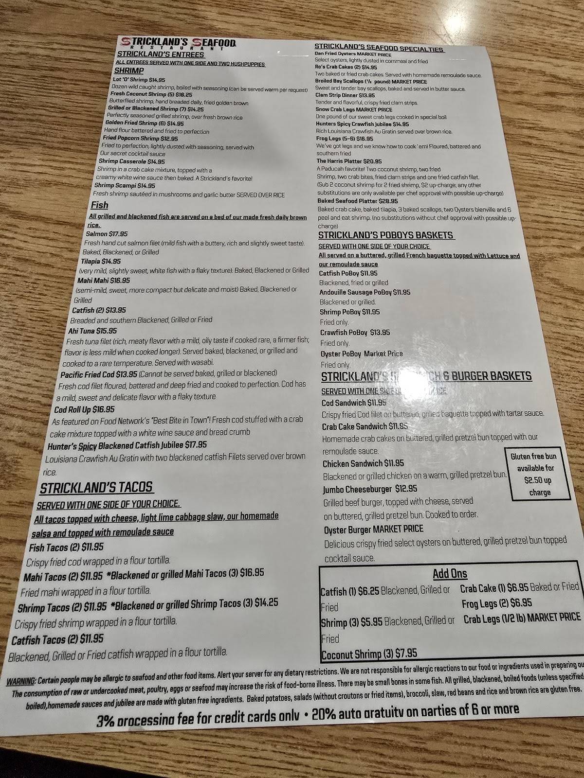 Menu at Strickland's Seafood Restaurant, Paducah