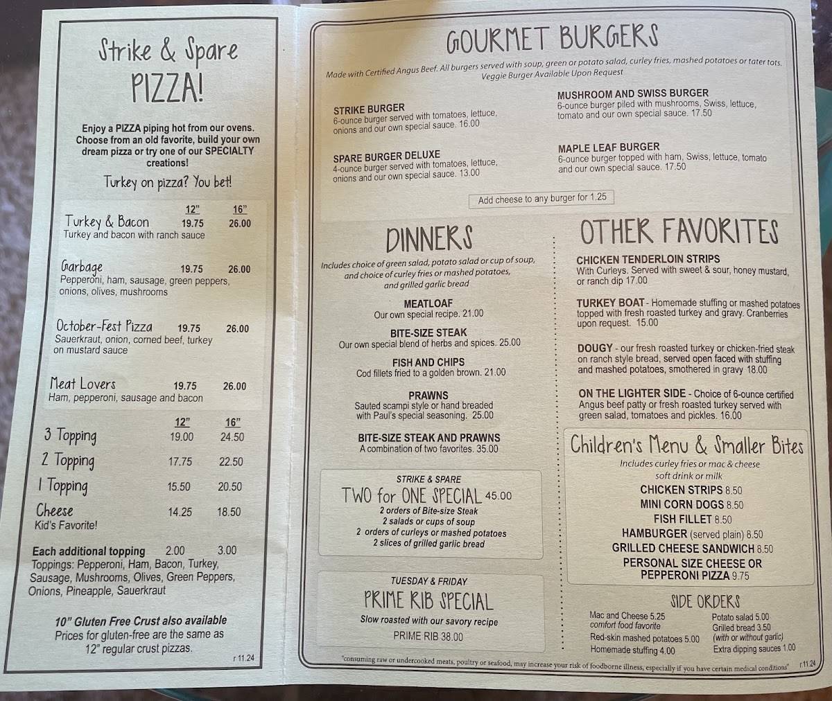 Menu at Strike & Spare Bar & Grill, Lewiston, 244 Thain Rd #4846