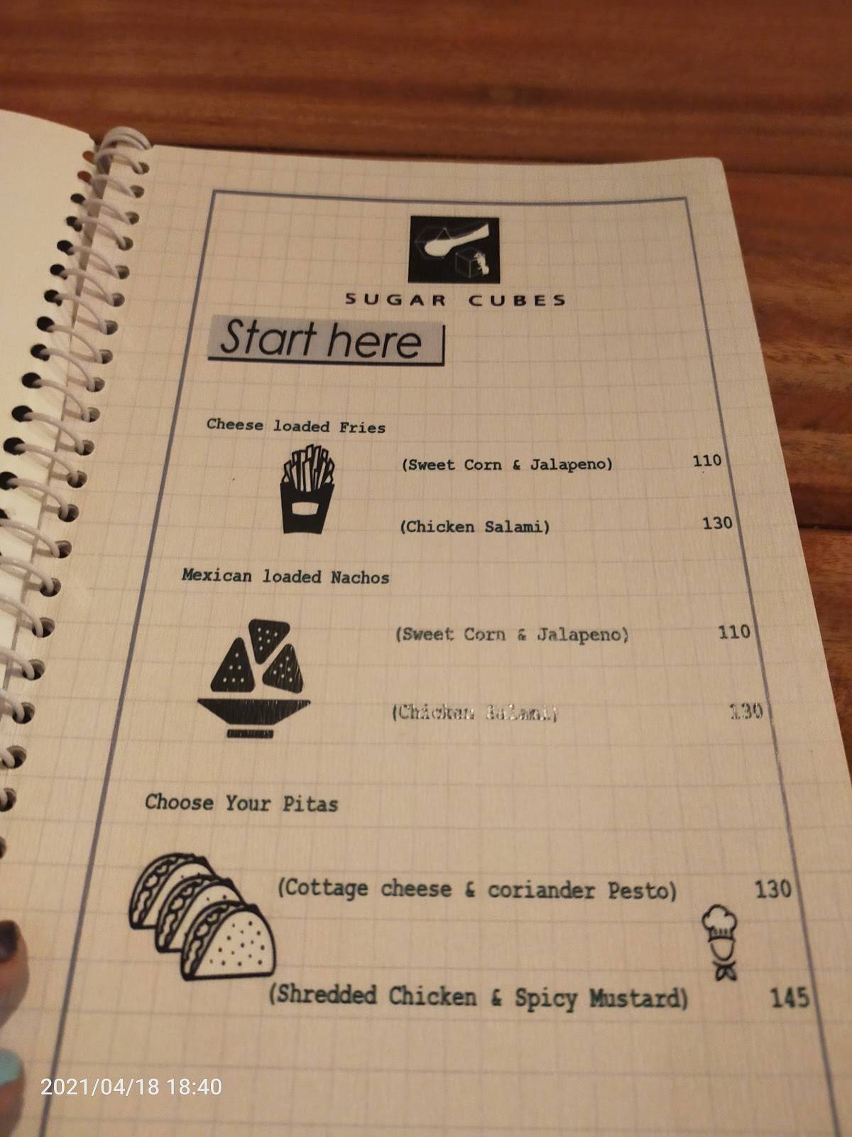Menu at Sugar Cubes, Chandannagar