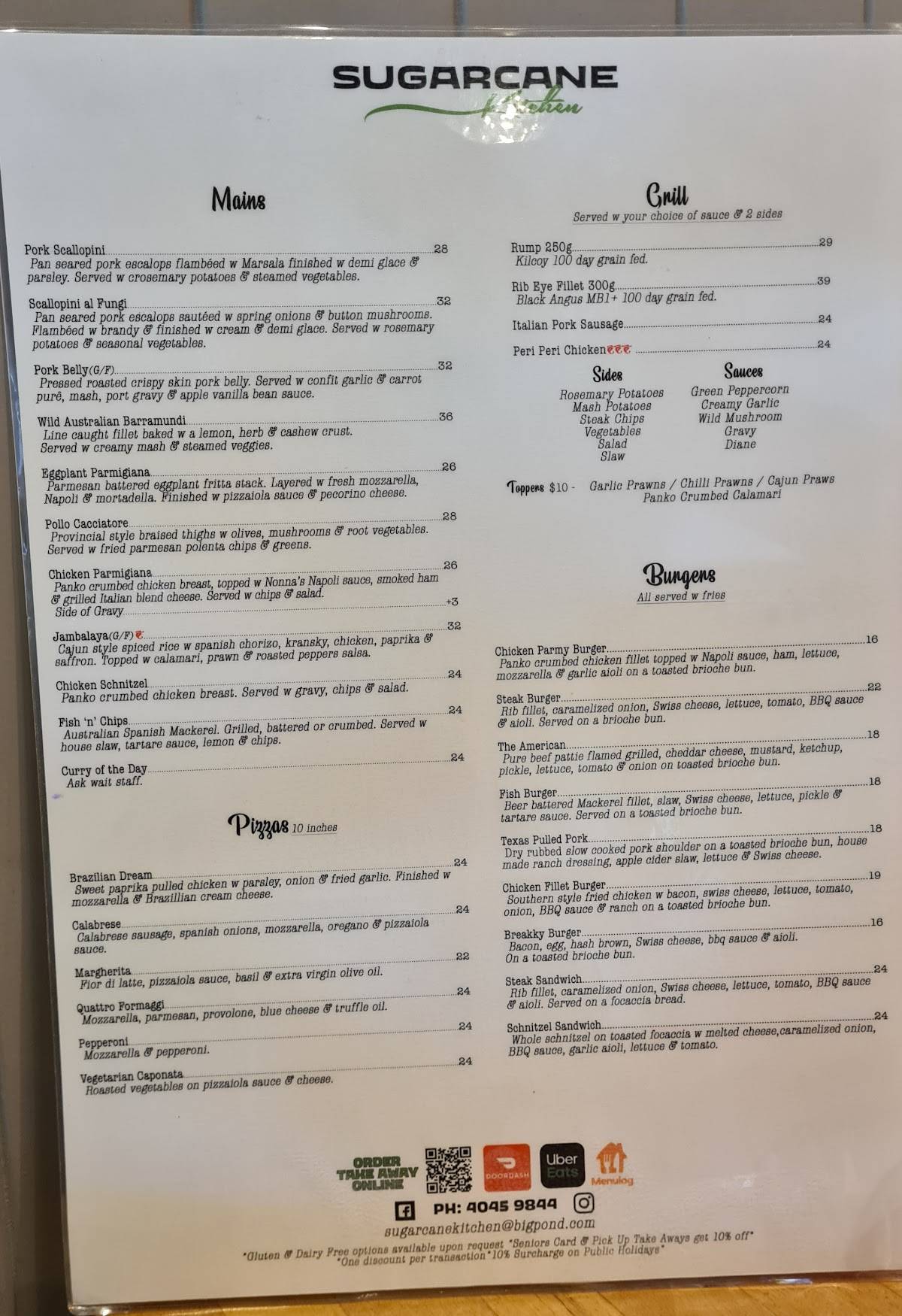Menu at Sugarcane Kitchen restaurant, Edmonton