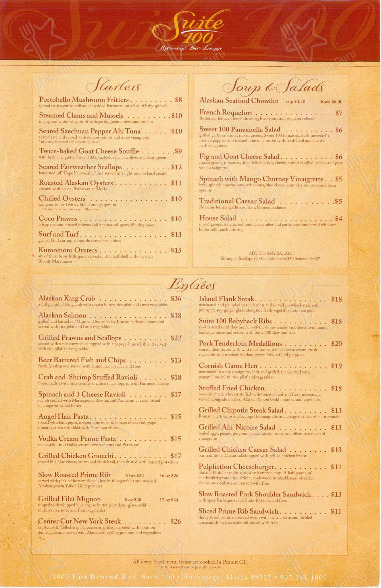 Menu at Suite 100 Restaurant Bar & Lounge, Anchorage