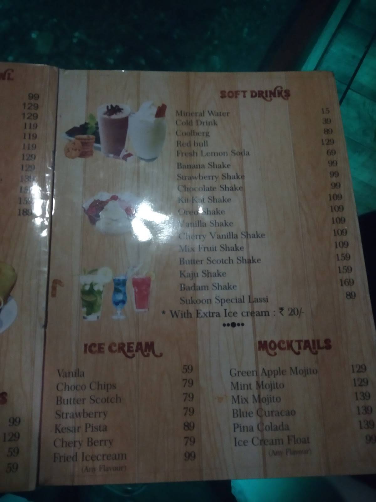 Menu at Sukoon Cafe, Bhopal