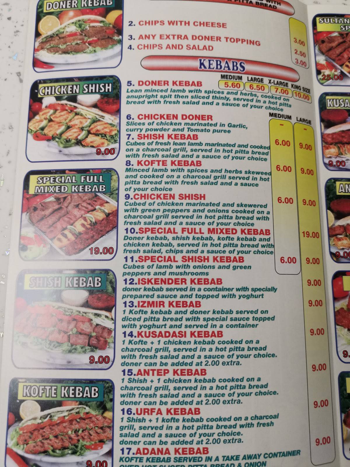 Menu at Sultan Kebabs fast food, Kettering
