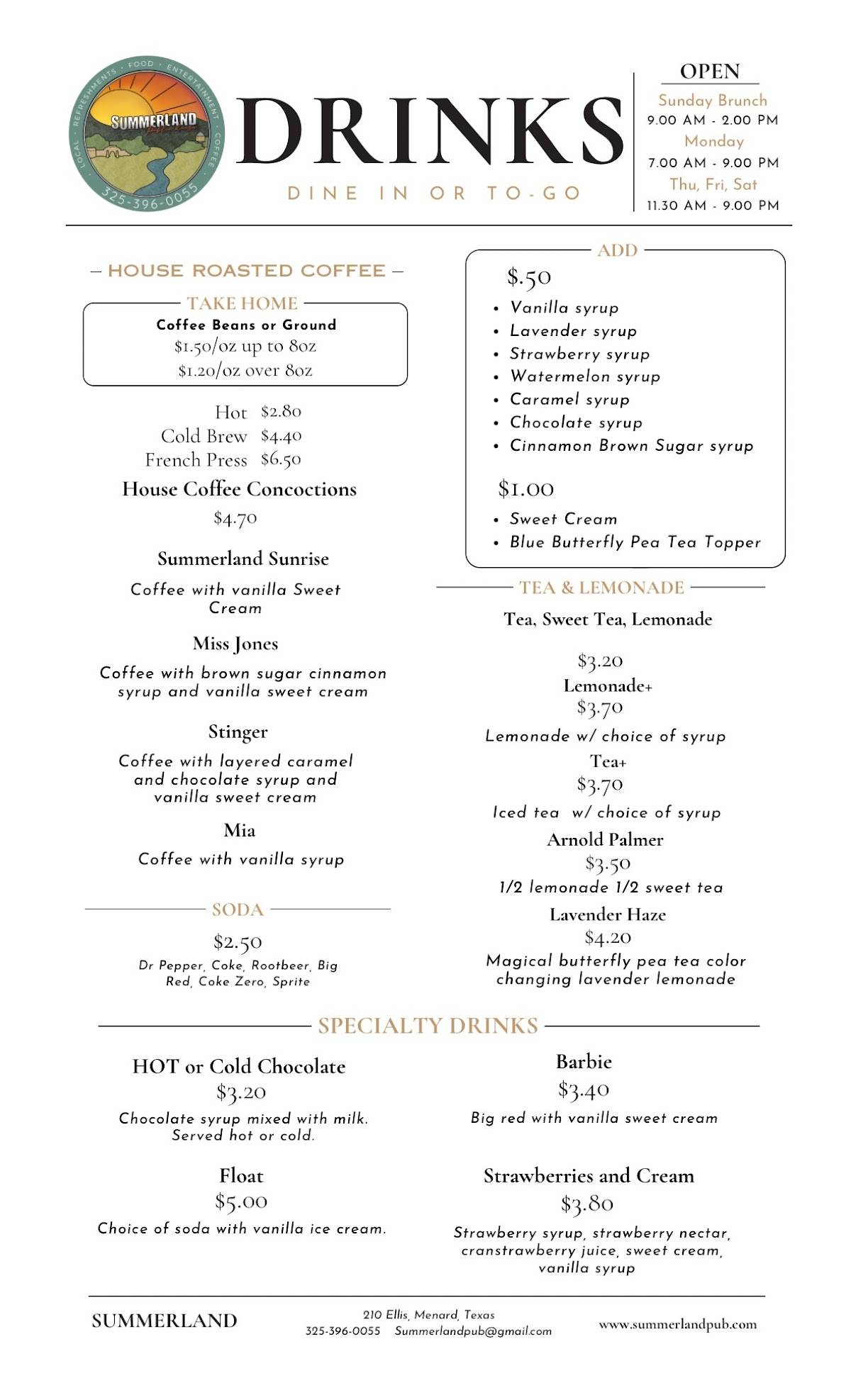 Menu at Summerland Public House, Menard