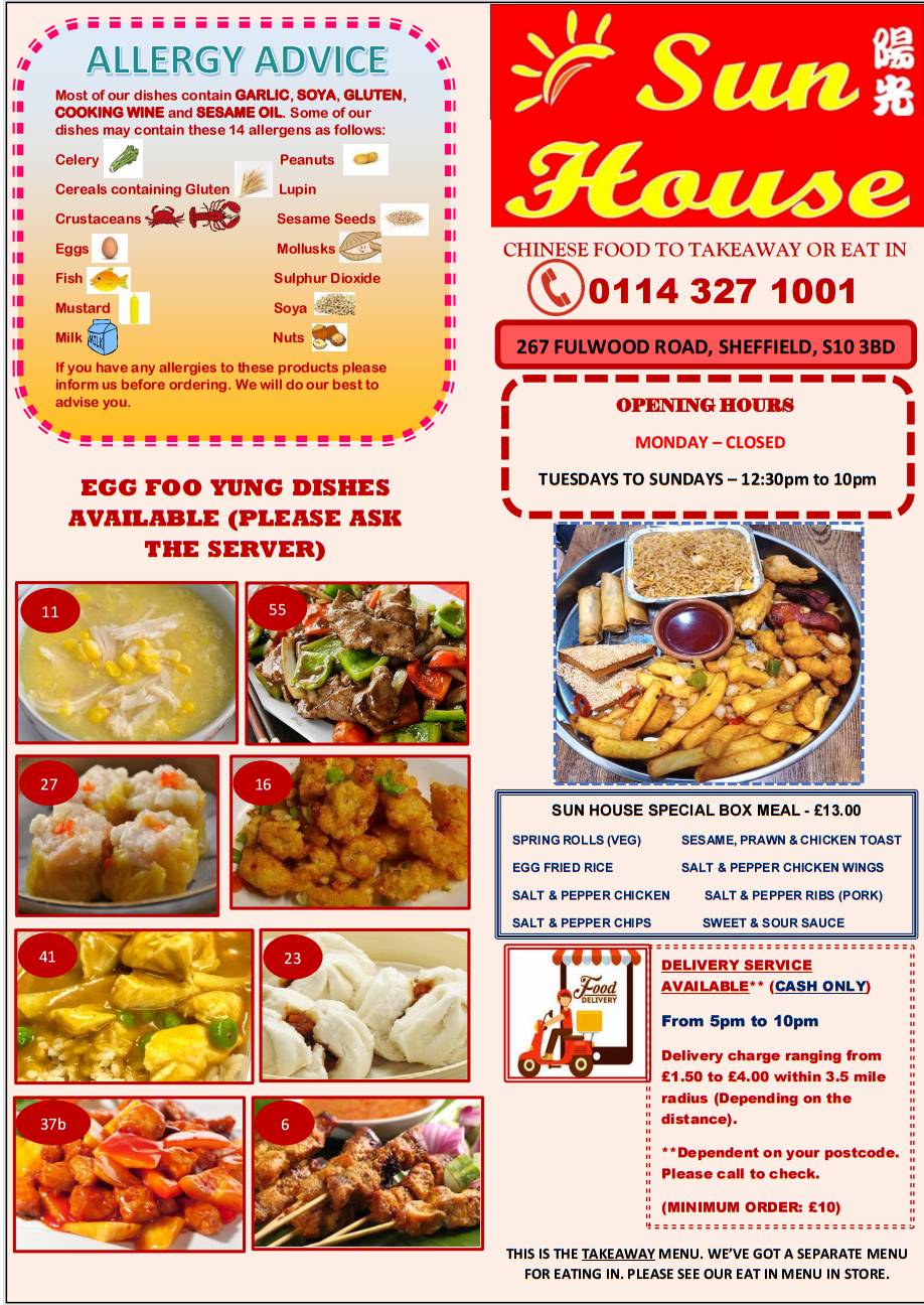 Menu at Sun House Chinese Takeaway fast food, Sheffield