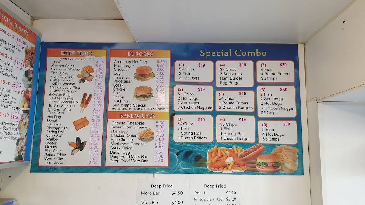 Menu at Sun Island Takeaways fast food, Auckland
