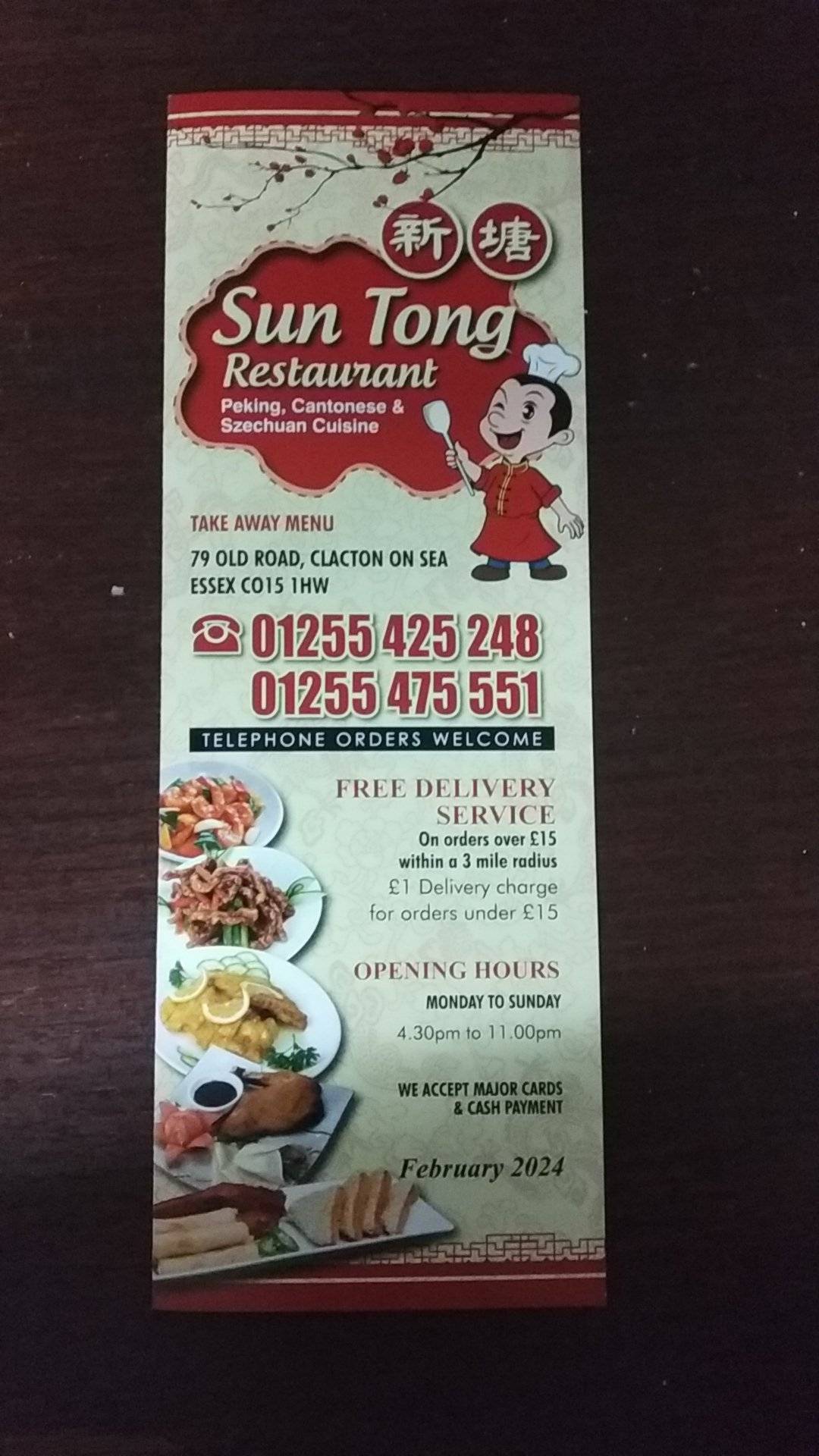 Menu at Sun Tong fast food, Clacton-on-Sea
