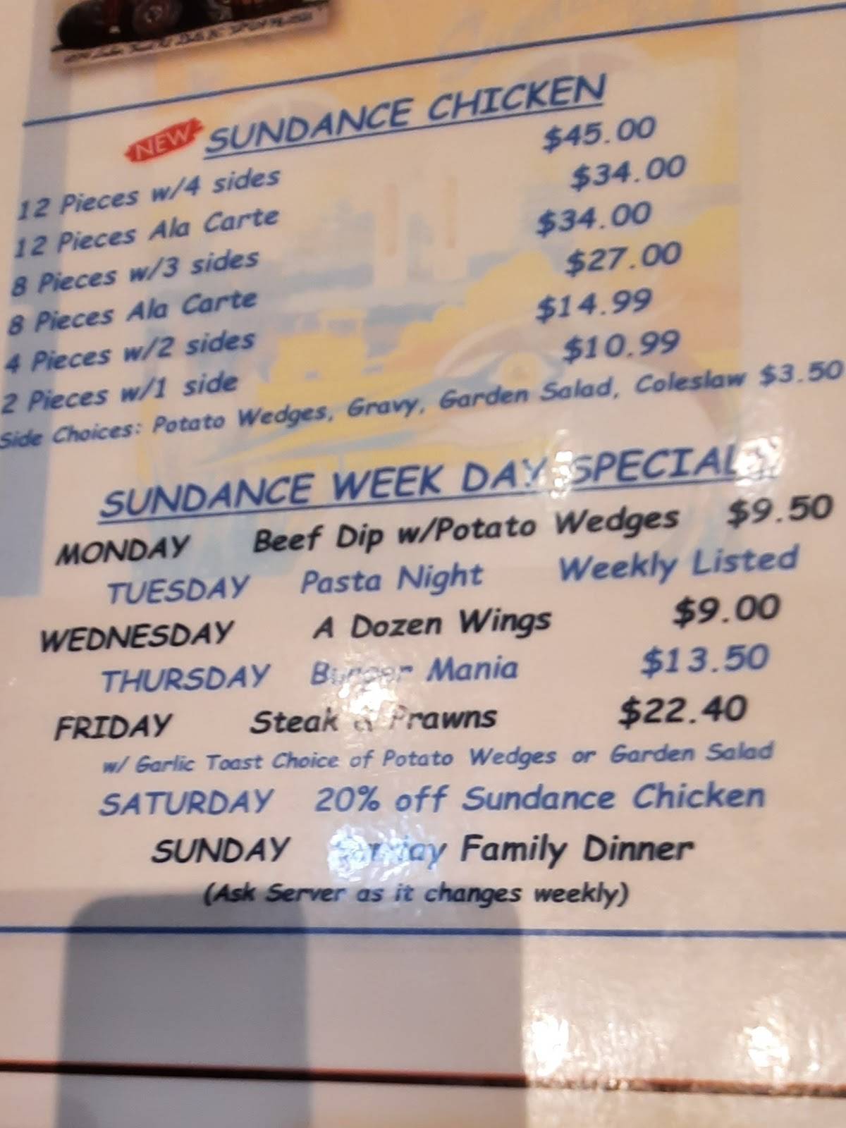 Menu at Sundance Pub and Inn, Delta