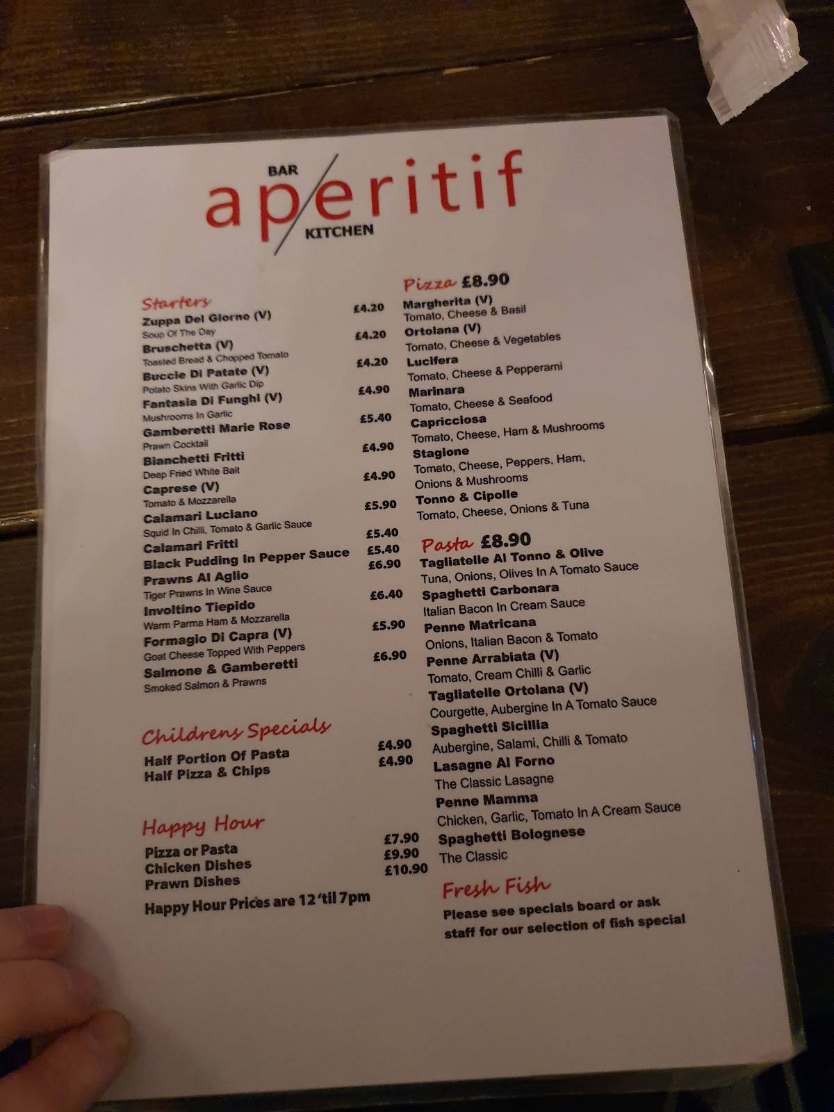Menu at Aperitif restaurant, Sunderland