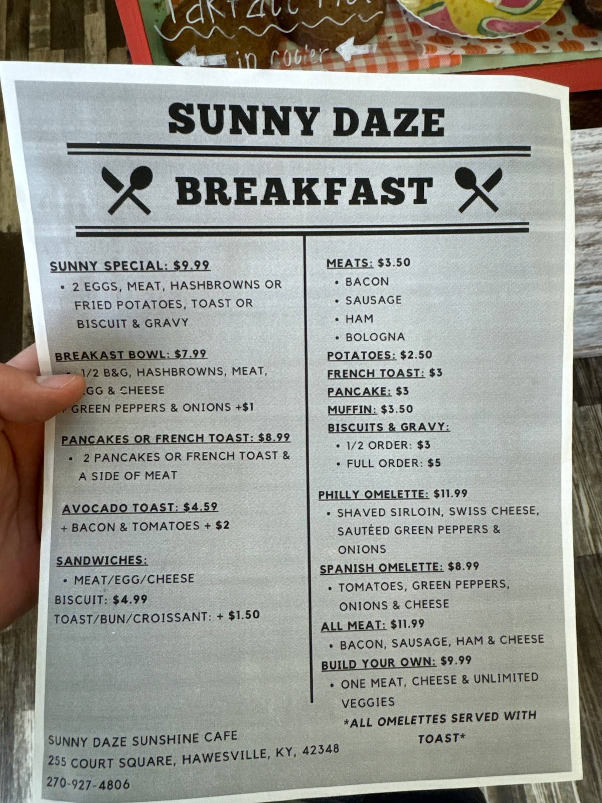 Menu at Sunny Daze Sunshine Cafe, Hawesville
