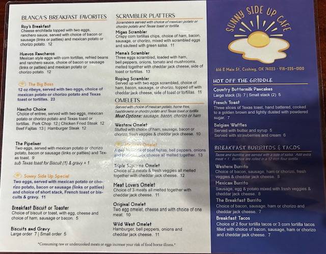 Menu at Sunny Side Up Cafe, Cushing