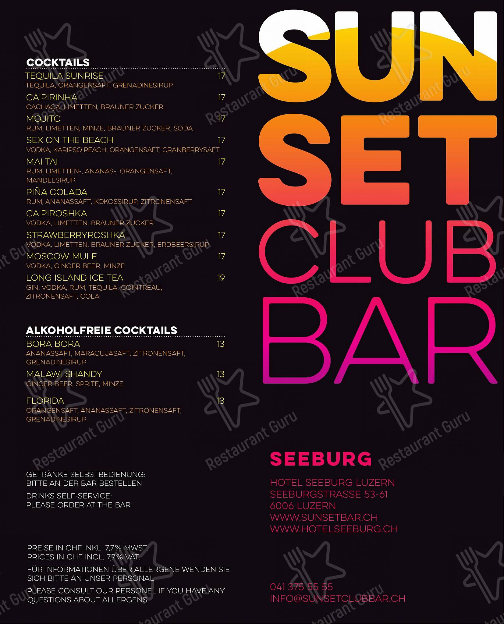 Speisekarte von Sunset Bar Luzern, Luzern