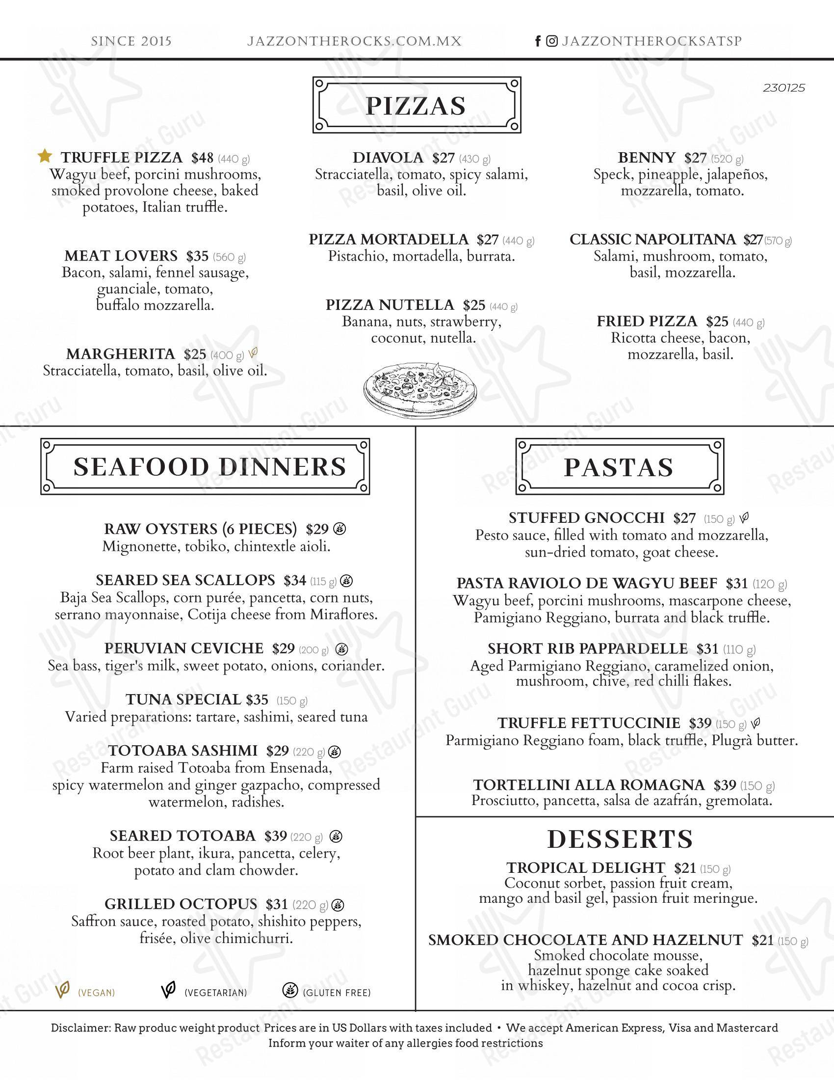 Menu at Sunset Monalisa restaurant, Cabo San Lucas, km 6