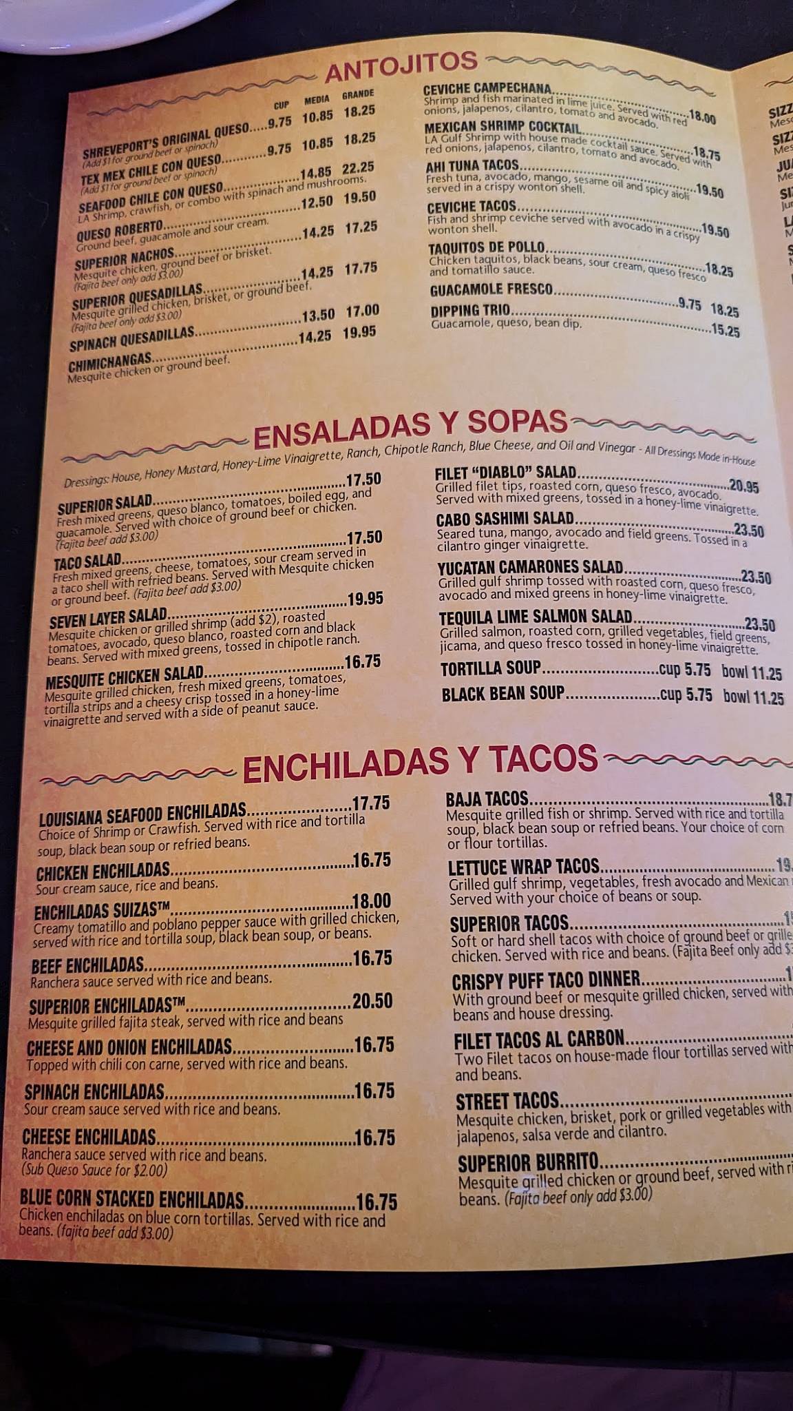 Menu at Superior Grill Lafayette restaurant, Lafayette