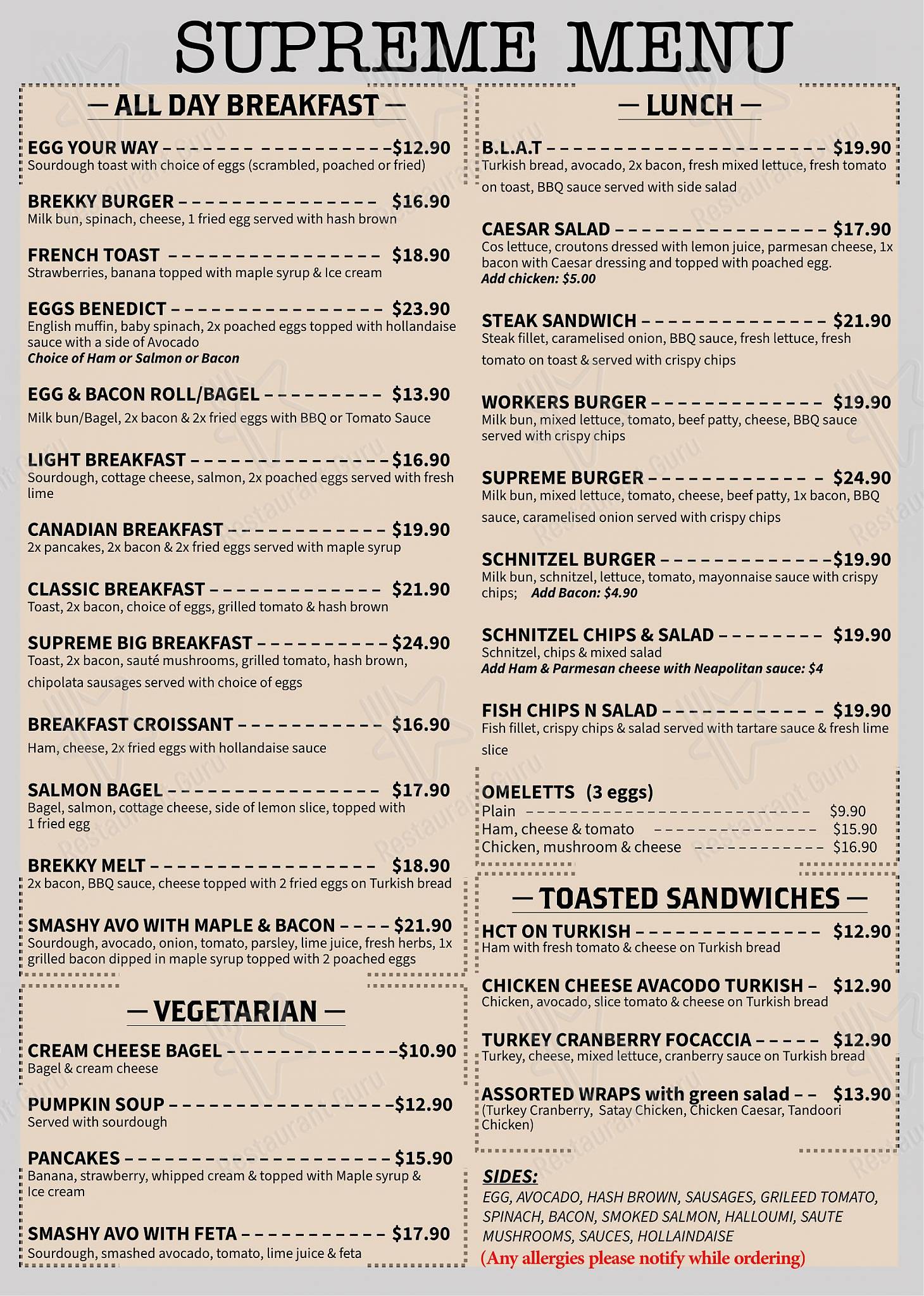 Menu at Supreme Brew & Bake restaurant, Wallsend