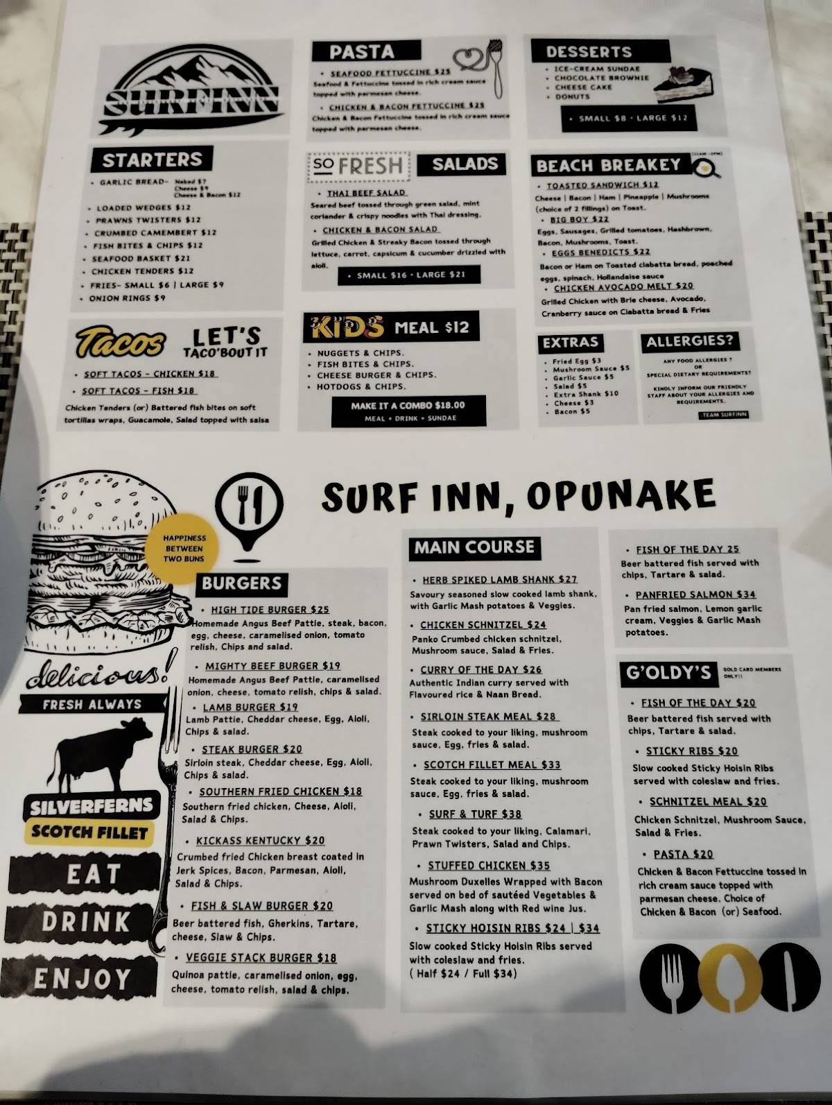 Menu at Surf Inn Bar, Restaurant,accomodation And Bottle Store, Opunake
