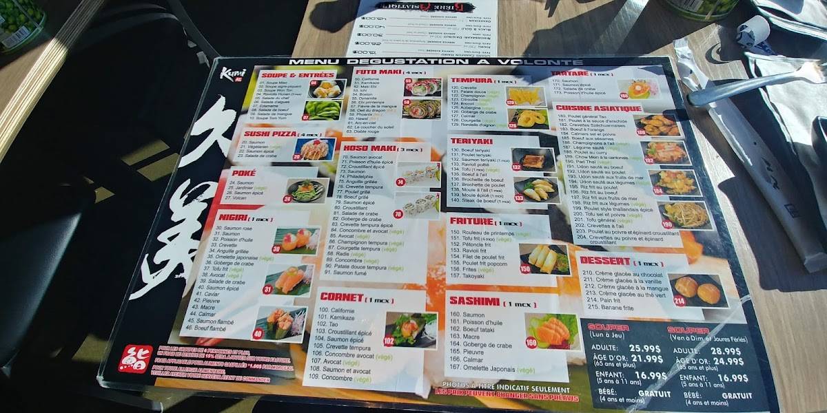 Menu au Sushi Kumi restaurant, Québec, 815 Bd Lebourgneuf