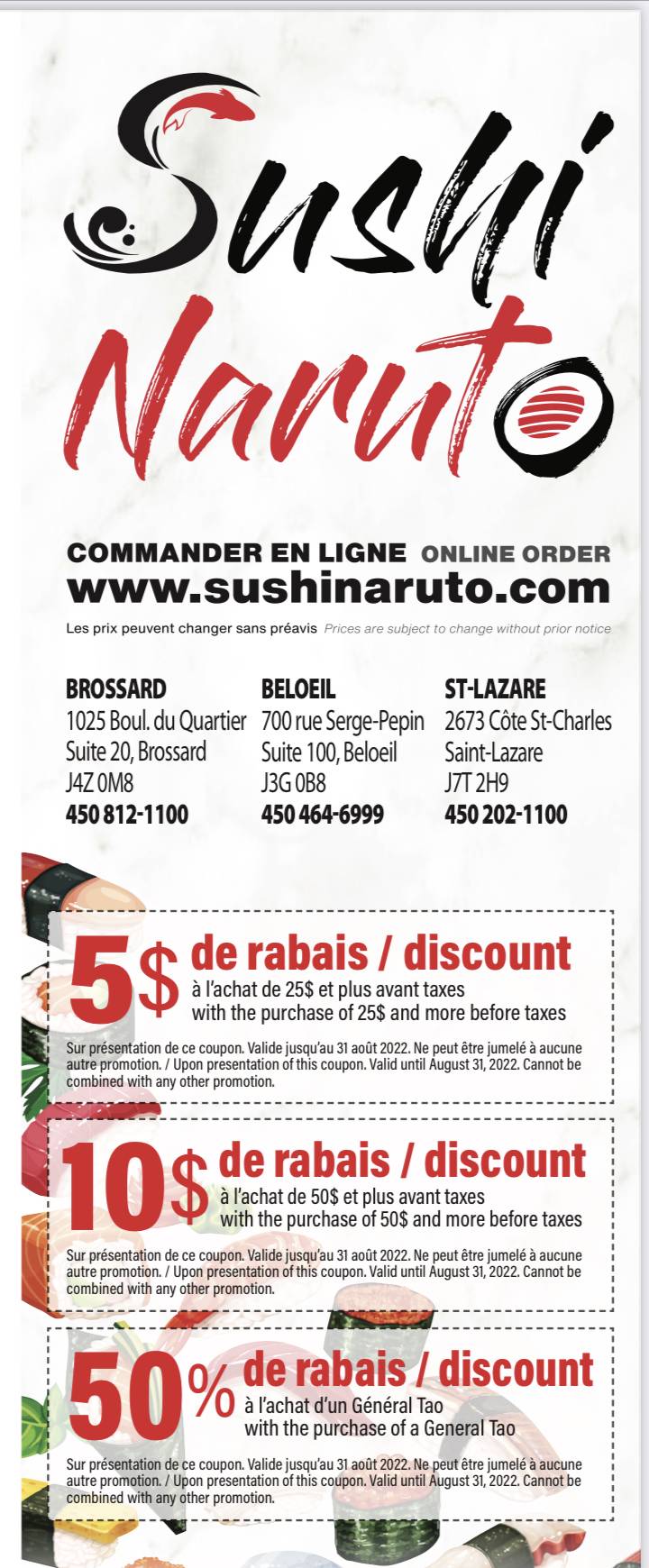 Menu at Sushi Naruto Brossard restaurant, Brossard