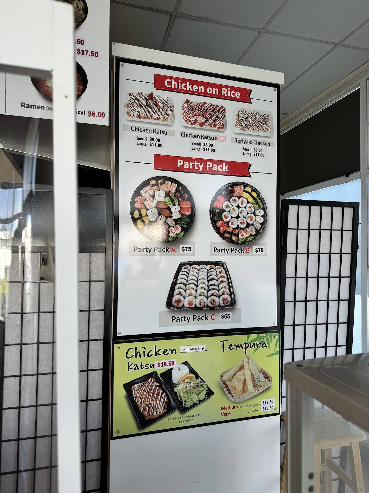 Menu at Sushi World restaurant, Auckland