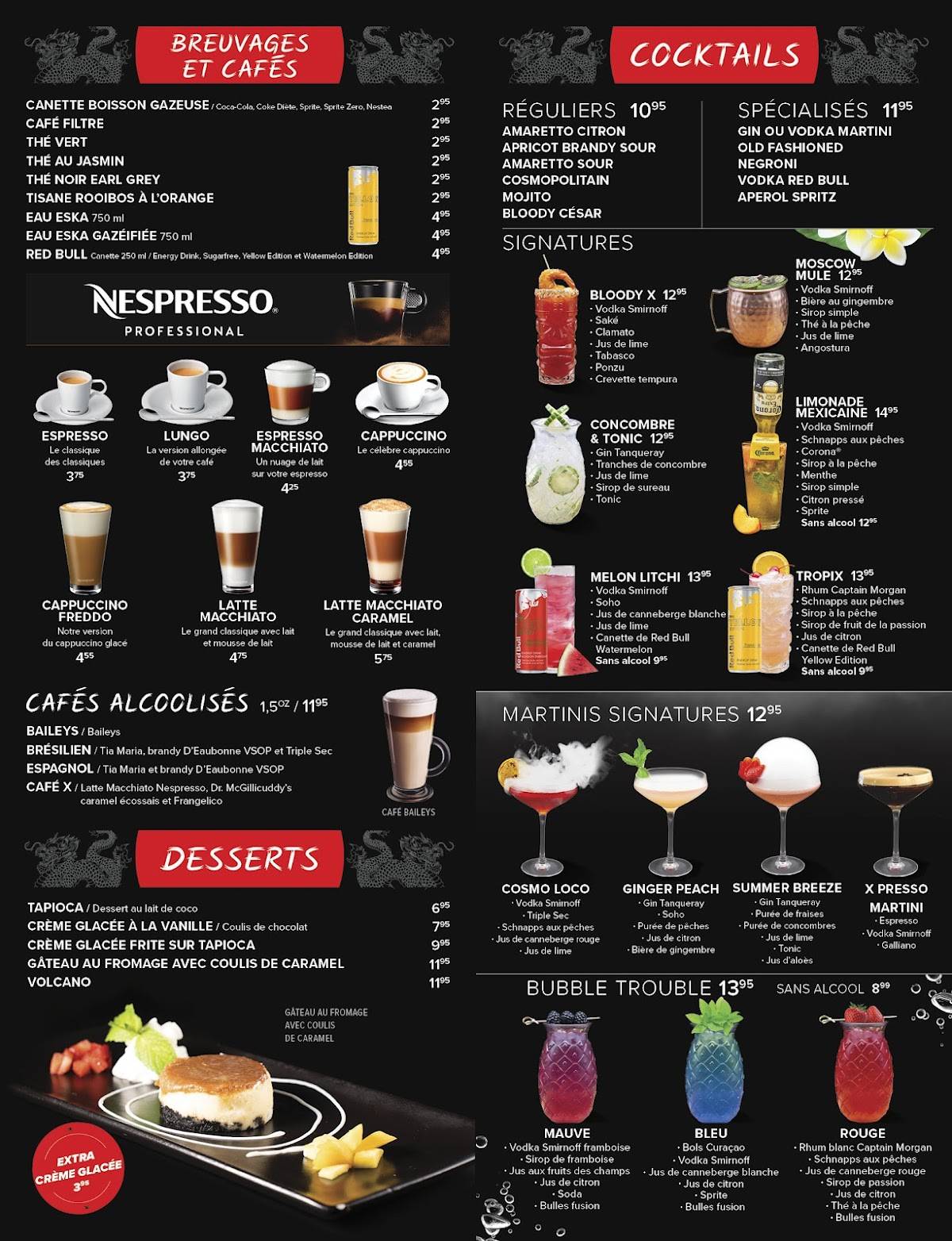 Menu au Sushi X Pyramide restaurant, Québec
