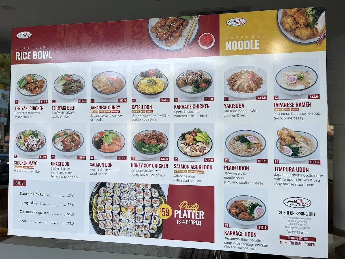 Menu at Sushi on Spring Hill restaurant, Spring Hill, 375 Turbot St