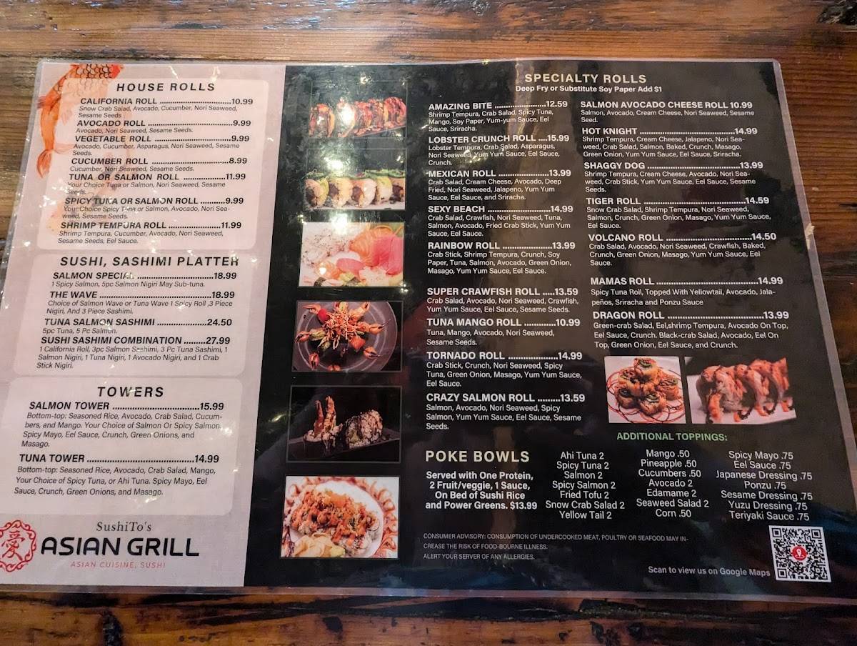 Menu at SushiTo's restaurant, Gilmer