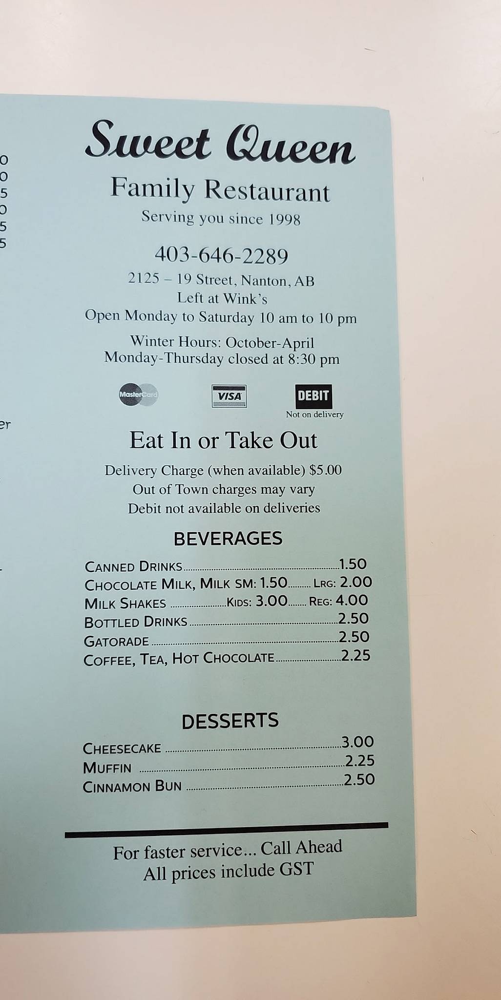 Menu at Sweet Queen Family Restaraunt pizzeria, Nanton