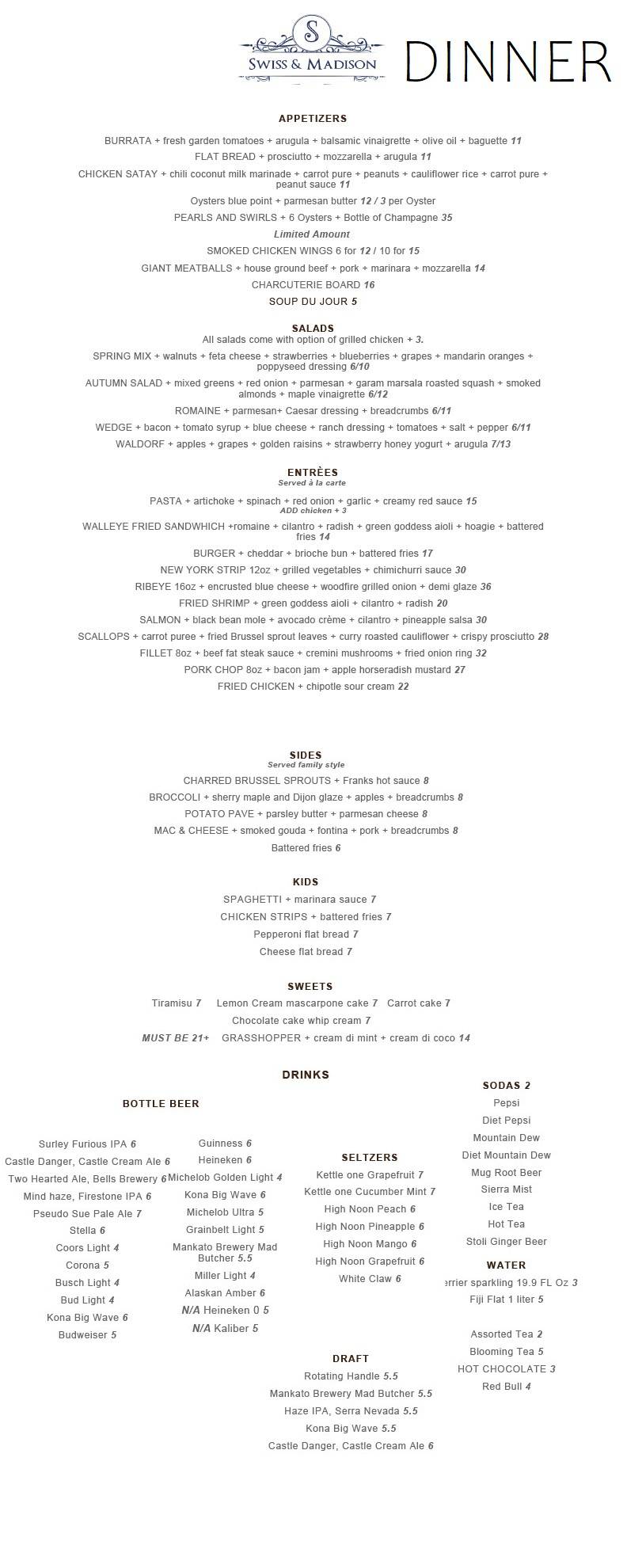 Menu at Swiss and Madison restaurant, Mankato