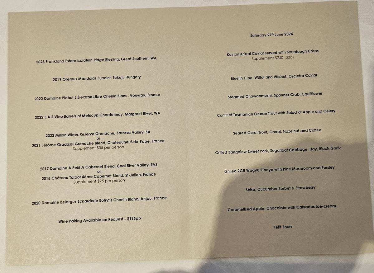 Menu at Tetsuya's Restaurant, Sydney