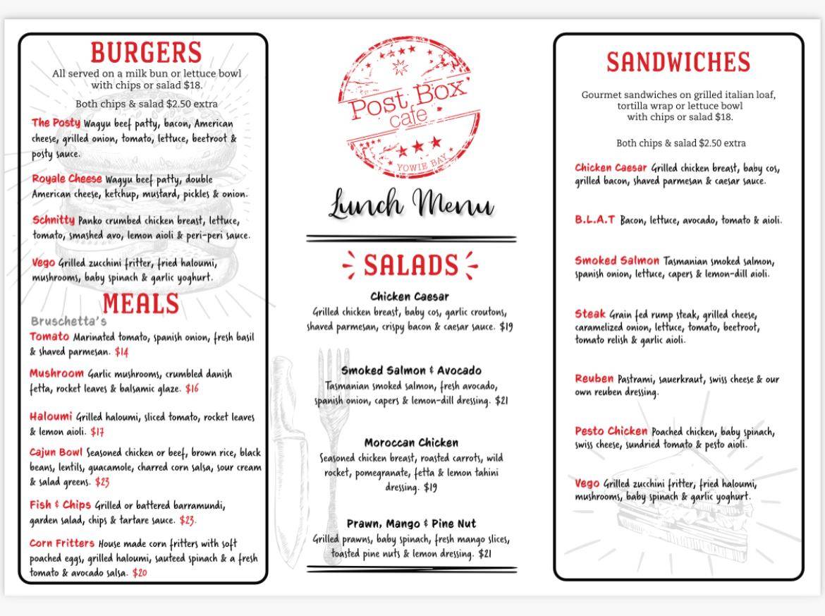 Menu at Postboxcafe, Yowie Bay