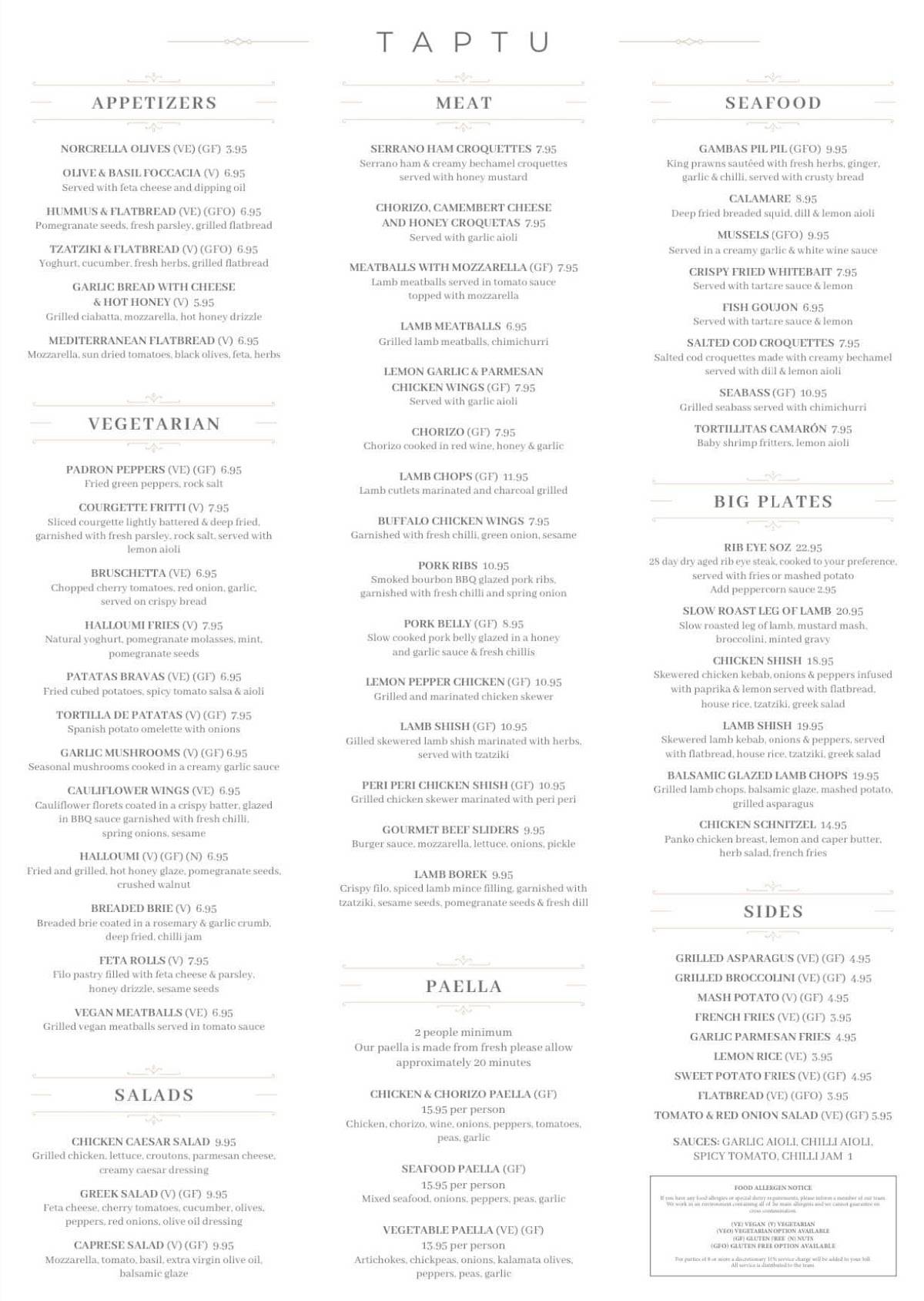 Menu at TAPTU restaurant, Stockport