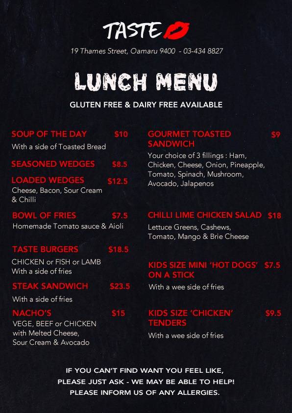 Menu at TASTE CAFE, Oamaru