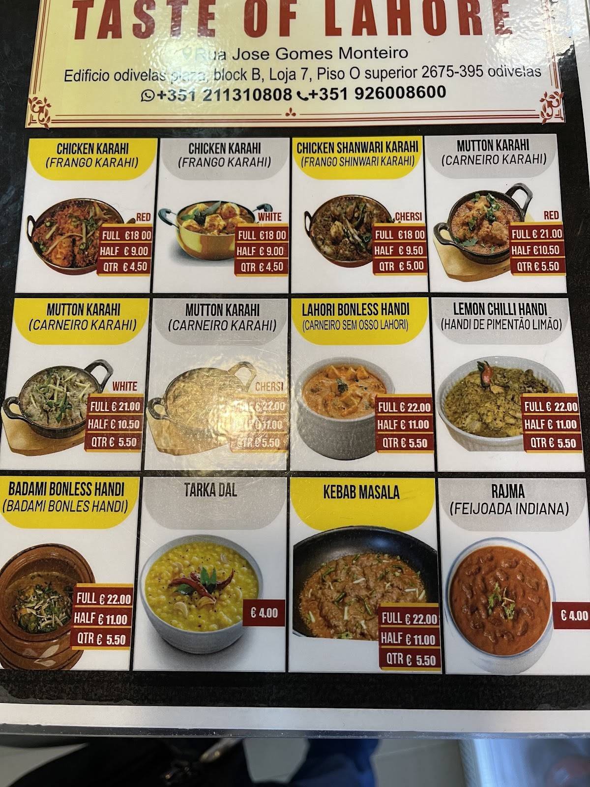 Menu em TASTE OF LAHORE restaurante, Lisboa