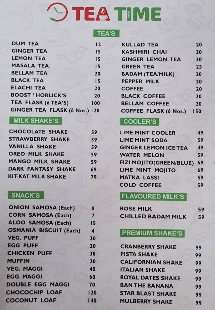 Menu at TEA TIME, Hyderabad, Radha Krishna Rd