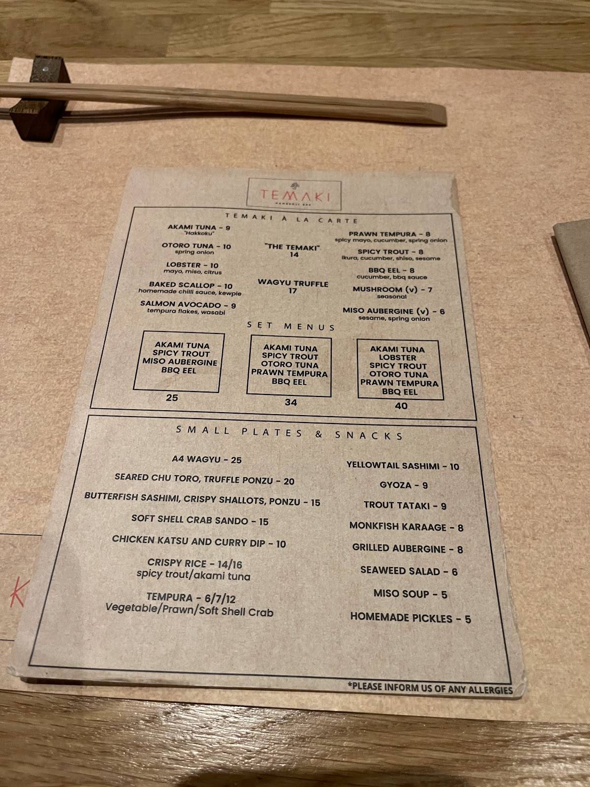 Menu at TEMAKI restaurant, London, 12 Market Row