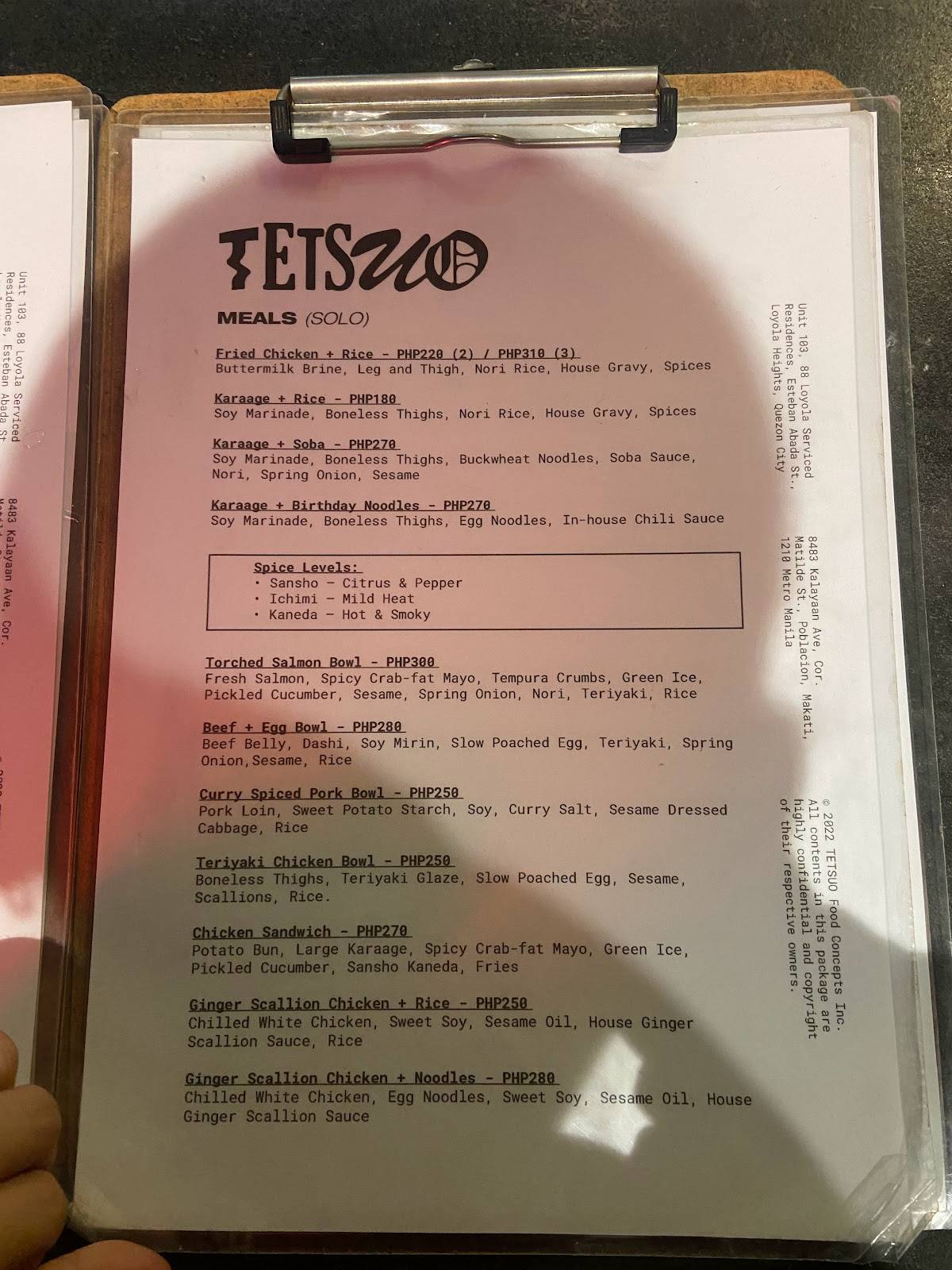Menu at TETSUO restaurant, Quezon City