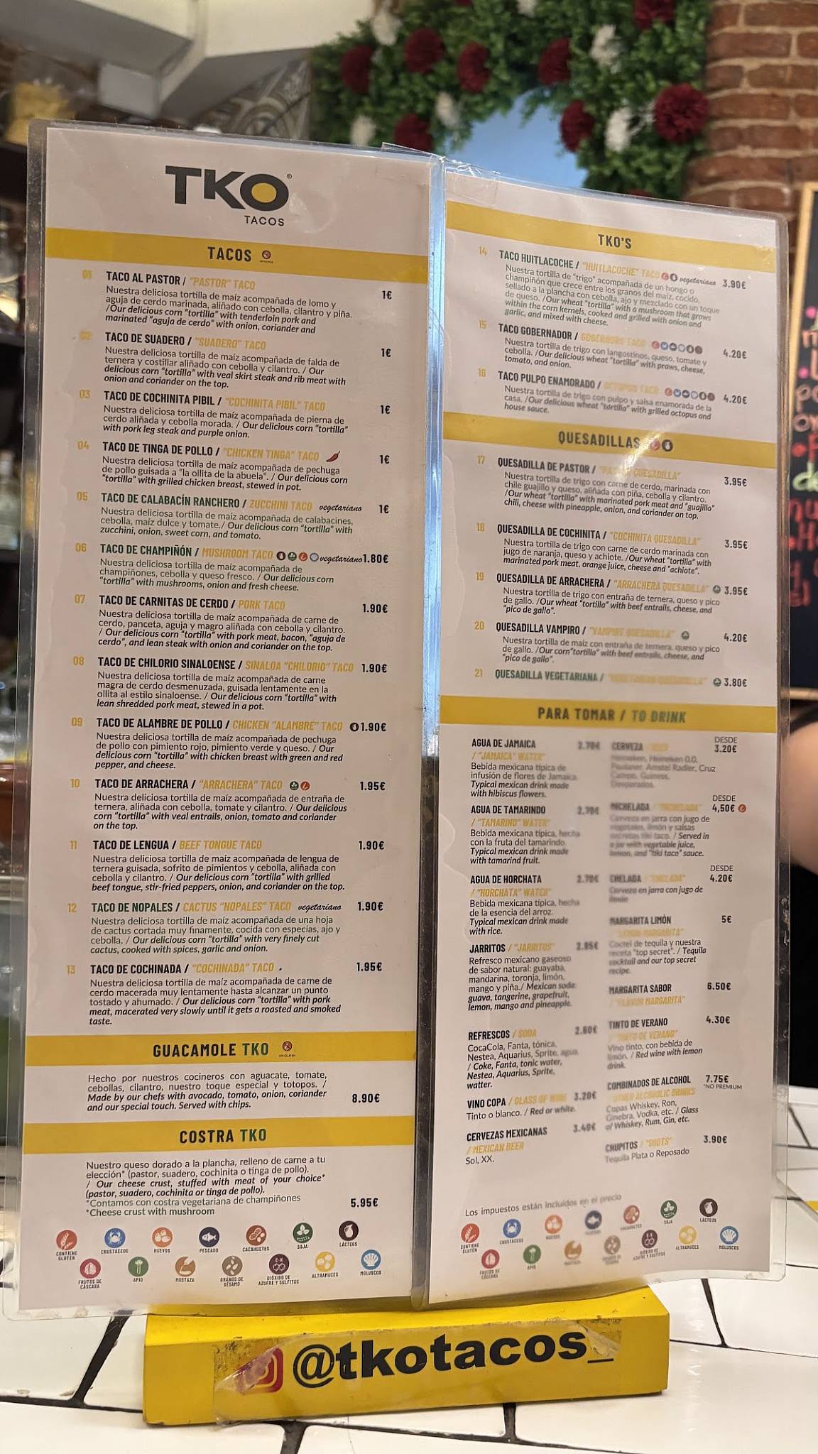 Carta del restaurante TKO Tacos Iglesia, Madrid