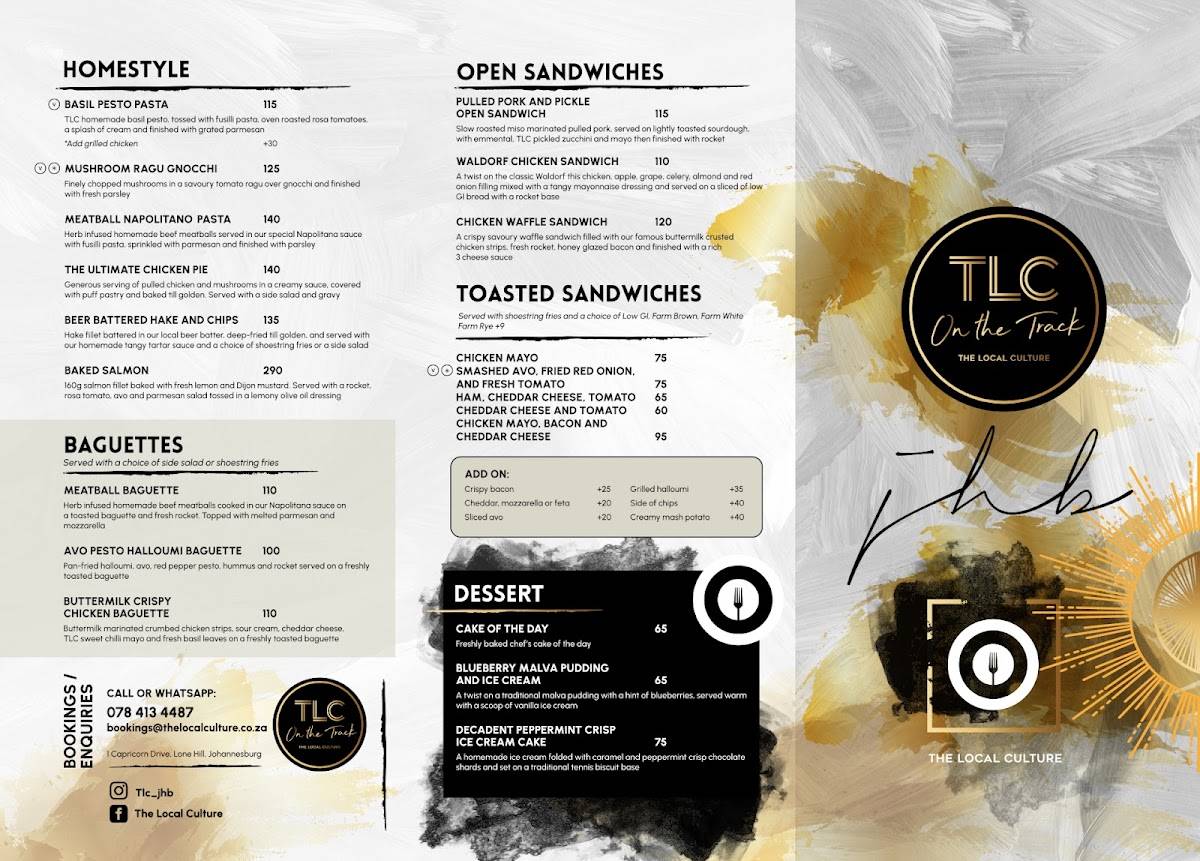 Menu at TLC on the Track aka The Local Culture restaurant, Sandton
